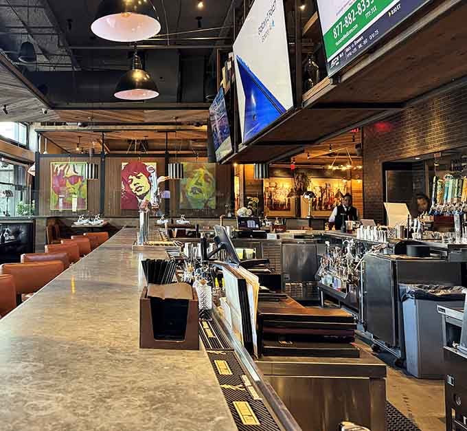 The bar stretches invitingly, offering liquid refreshments and a front-row seat to the action.