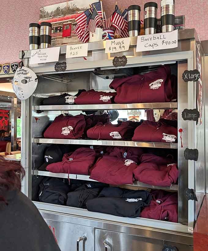 Blairstown Diner merch stacked and ready to go. Leave with a full stomach and a souvenir hoodie.