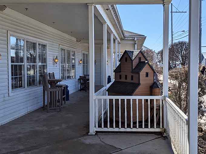A covered porch, fresh air, and the quiet of Shipshewana, the meal isn't over until you've sat here awhile.