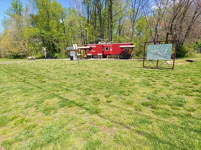 From across the field, that red caboose pulls your attention like a magnet, every single time.