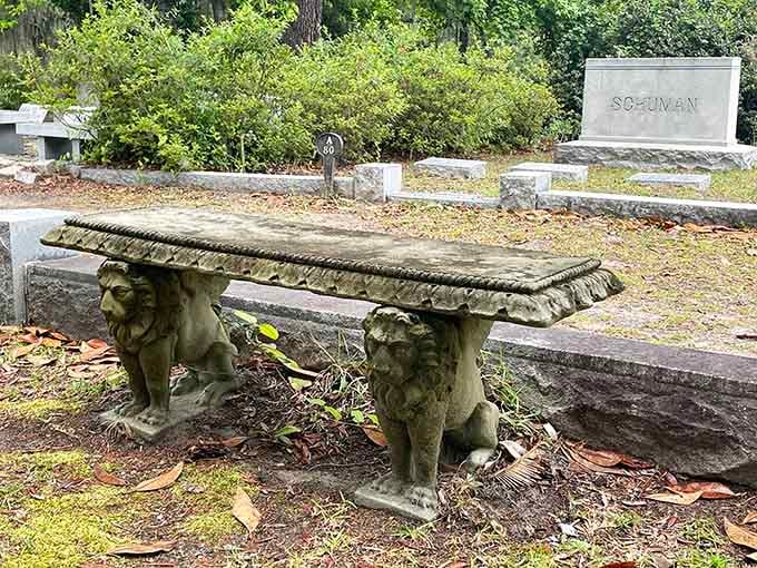 Lion-footed benches scattered throughout the grounds prove that even the seating at Bonaventure refuses to be ordinary.