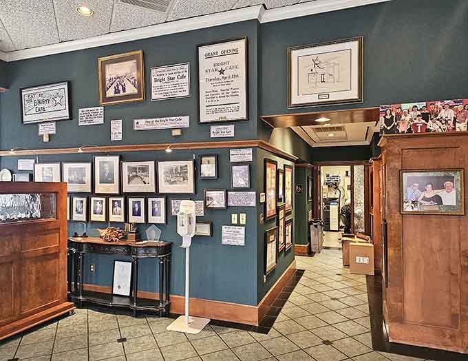 The entryway walls are covered in decades of history, old photos, clippings, and memories that remind you exactly where you are.