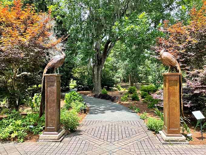 Peacock sculptures flanking this pathway create a grand entrance that says "welcome to somewhere truly special" without words.