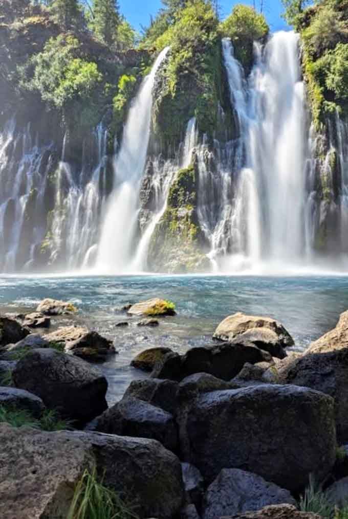 Multiple streams pouring down at once, because Burney Falls never believed in doing anything halfway.