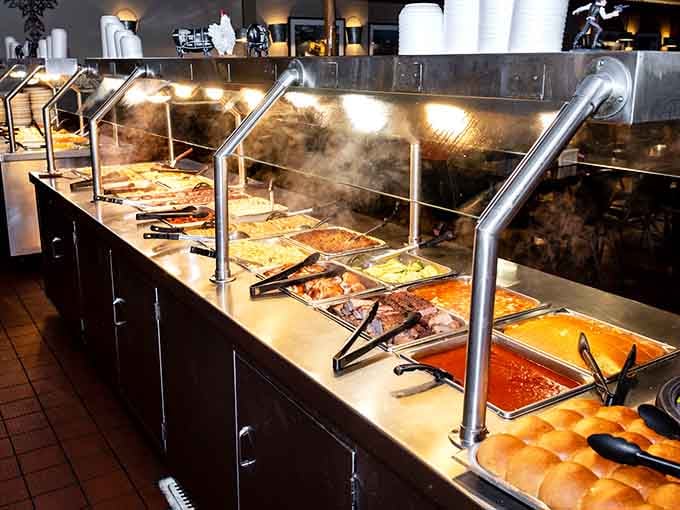 Steam rising off a long buffet line loaded with food, this is what a standing ovation looks like in food form.