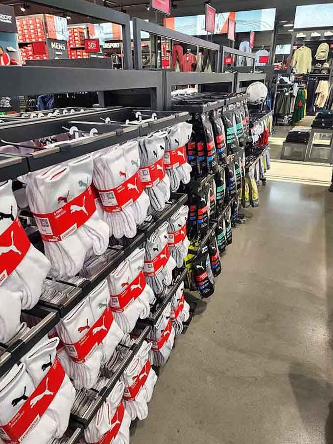 Rows of Puma socks stacked to the ceiling. Sometimes the best finds at an outlet mall are the simple ones.