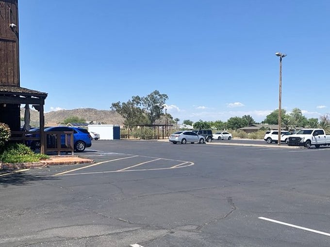 Plenty of parking with Arizona mountains in the background. Getting here is easy, leaving is the hard part.