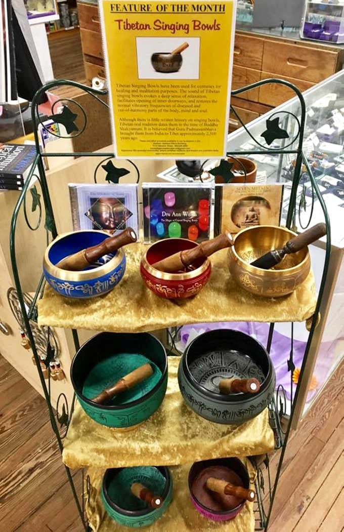 Tibetan singing bowls in every color, each one humming with centuries of tradition and genuine good vibes.