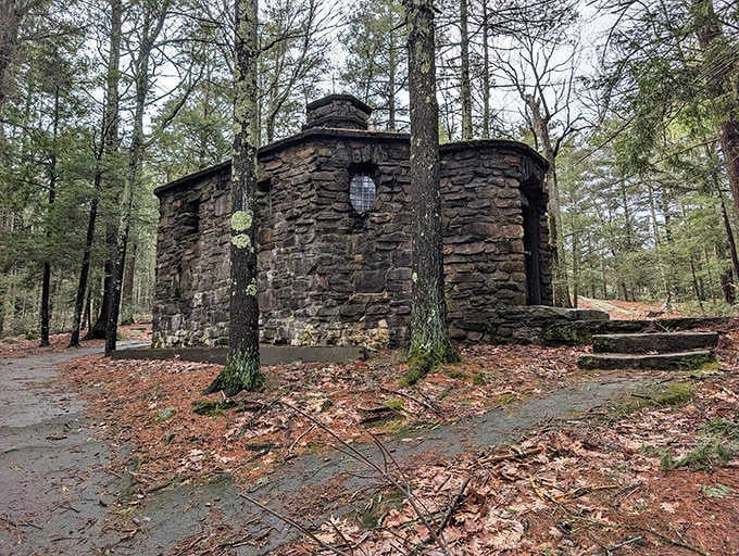 A stone building tucked deep in the woods. Purgatory Chasm keeps its mysteries close.