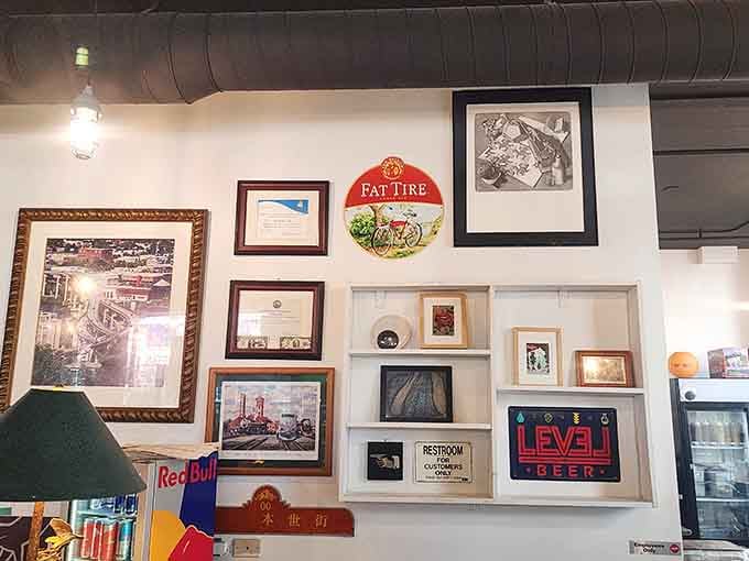 Fat Tire signs, framed prints, and a Level Beer placard, the walls here tell their own interesting story.