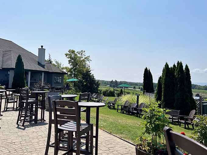 Adirondack chairs, tall tables, and a garden patio that makes you want to cancel all your plans indefinitely.