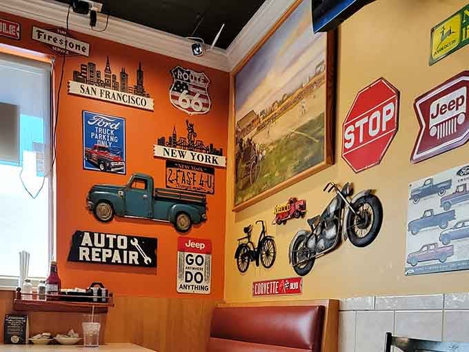 Classic tin signs celebrating Ford trucks and Route 66 cover the walls like a greatest hits album of American nostalgia.