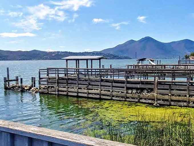 Wooden docks, green water, and mountains in the distance. This is the California postcard nobody's selling yet.