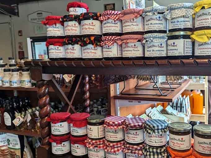 SideHill Farm jams lined up in neat little rows, each one looking like a jar of pure New England.