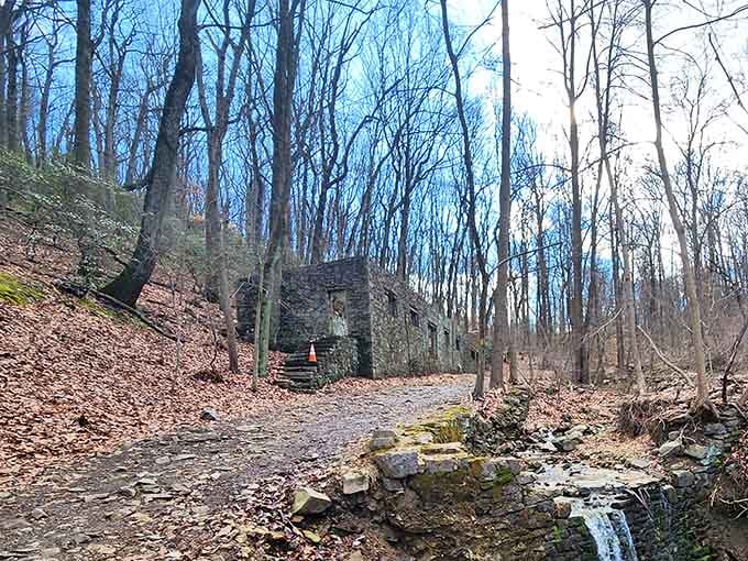 The long stone facade stretches beside a small waterfall, looking effortlessly cinematic on a crisp winter day.