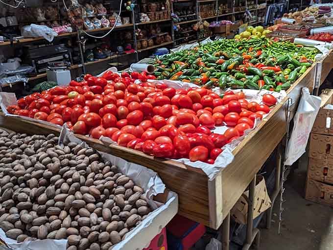Tomatoes so red and peppers so green they look like they were painted by someone who really loves vegetables.