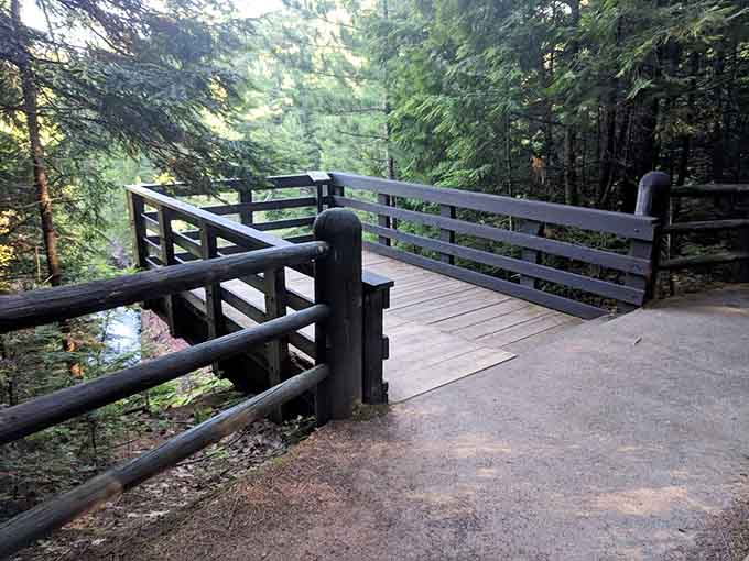 A wooden overlook platform, a wall of green trees, and the sound of rushing water below. That's the whole package.
