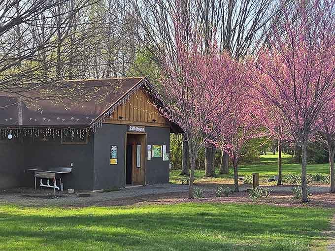 A bath house surrounded by blooming redbud trees. Even the practical amenities here come with a side of unexpected beauty.