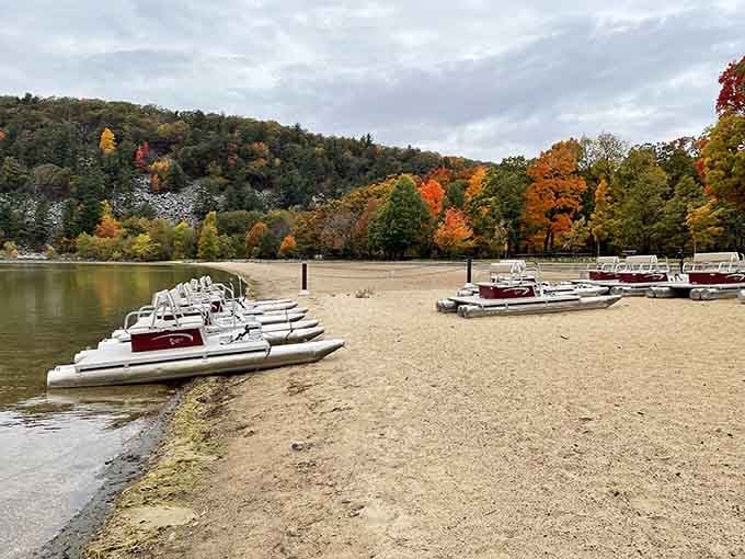Pedal boats lined up on the sand like they're waiting for their close-up, with a backdrop that absolutely steals the shot.