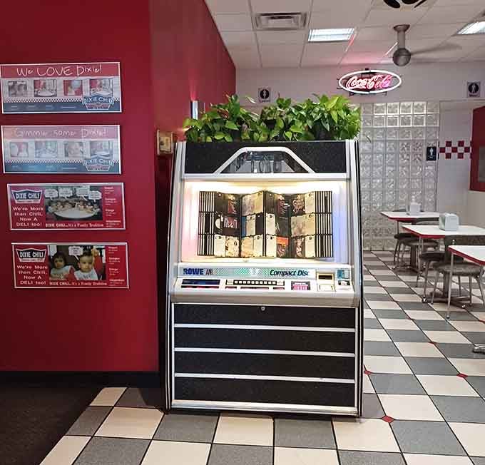 That vintage jukebox stands ready to soundtrack your meal with tunes as classic as the chili you're about to devour.