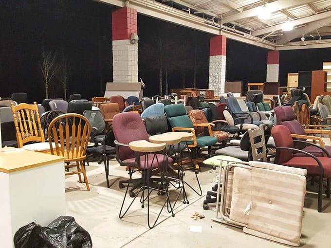 Dozens of office chairs, dining chairs, and rockers packed together, if you need a place to sit, this is your spot.