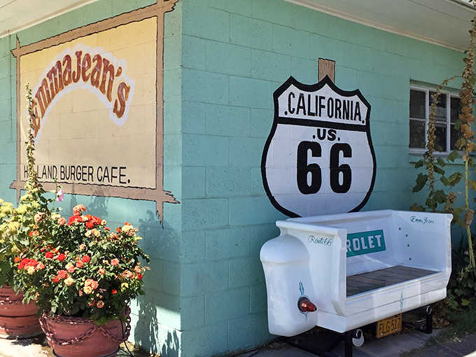 That tailgate bench converted into outdoor seating is pure Route 66 charm you simply can't manufacture.