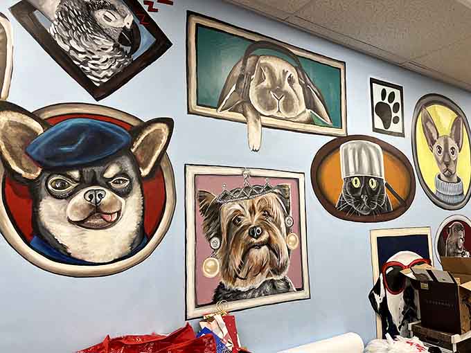 A chihuahua in a beret, a Yorkshire terrier wearing a crown. This mural deserves its own fan club.
