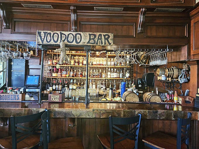 The Voodoo Bar stands ready with bourbon bottles lined up like a delicious, amber-colored army of happiness.