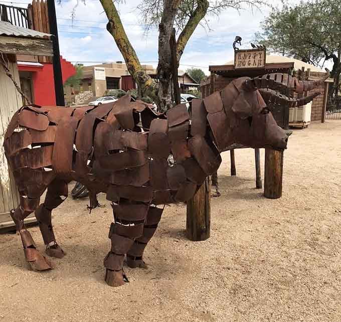 These magnificent rusted metal longhorns standing in the dirt are the kind of art that makes you stop and stare.