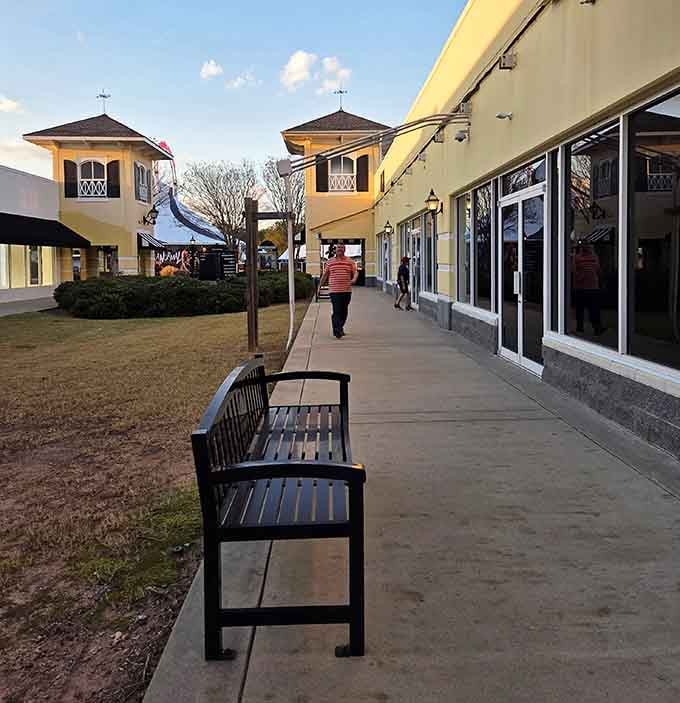 Wide walkways and benches strategically placed for those necessary breaks between stores, because marathon shopping requires proper pacing.