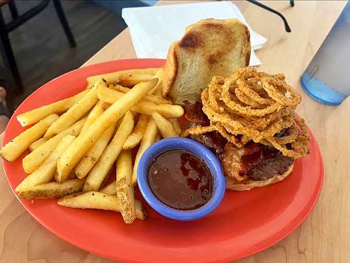 This burger comes stacked with onion rings because sometimes more is actually more, not less.