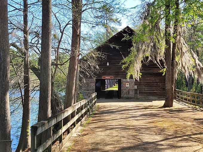 The old covered bridge and mill sit quietly by the water, holding decades of Georgia history without saying a word.