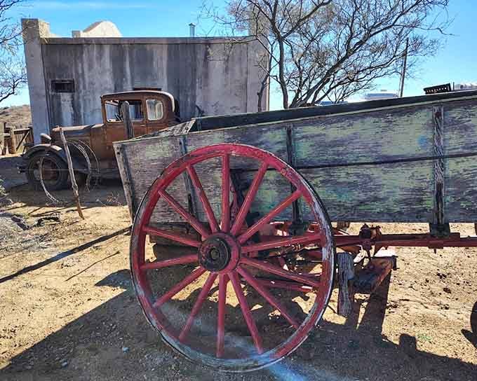 Red wagon wheels pop against the desert backdrop, creating Instagram gold that required zero filters or staging.