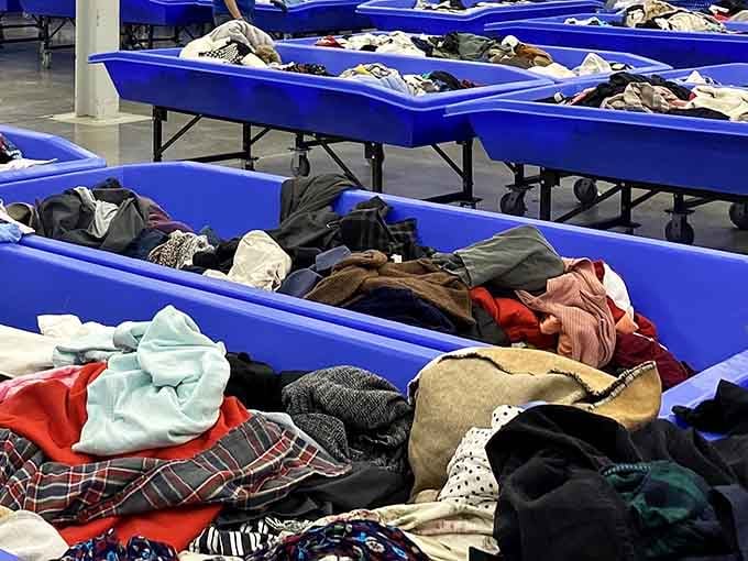 Clothing bins lined up like an endless buffet. The only limit is how long your arms hold out.