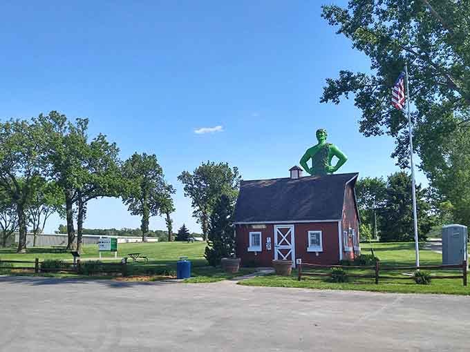 The little red barn and the towering Giant together create a classic Minnesota scene that feels almost storybook perfect.