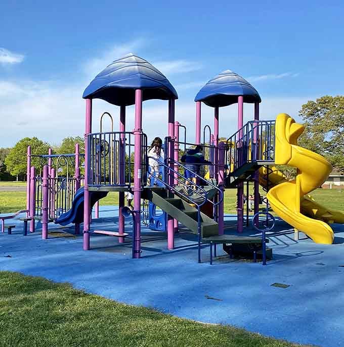 The playground is colorful, cheerful, and loud, which means the kids are happy and the adults can finally relax.