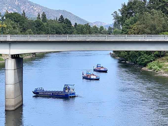 Several jet boats heading out under the bridge, a parade of blue vessels carrying cargo of pure excitement.