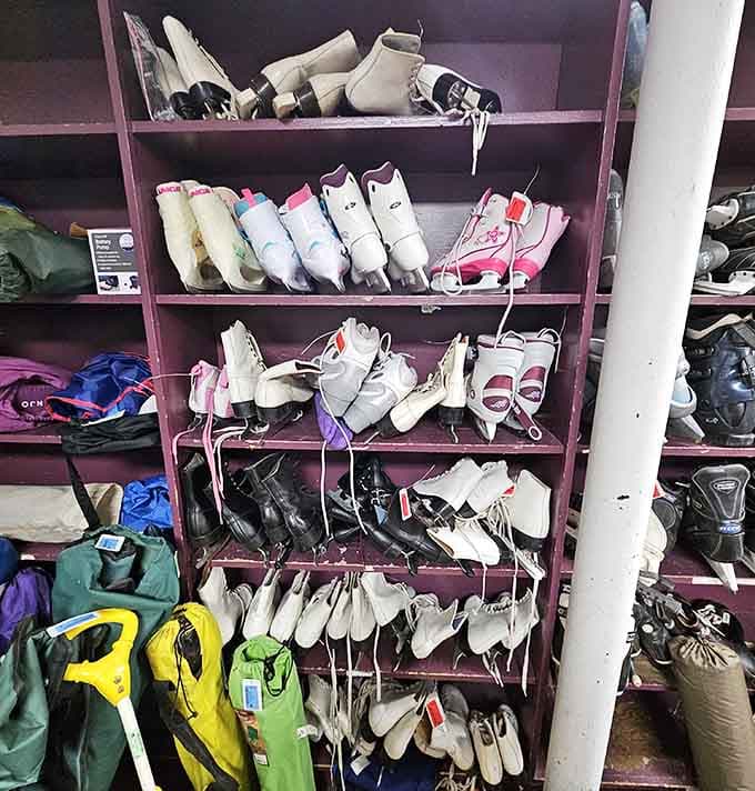 Shelves of figure skates and hockey skates lined up neatly, a very Minnesota sight that practically hums with frozen pond energy.