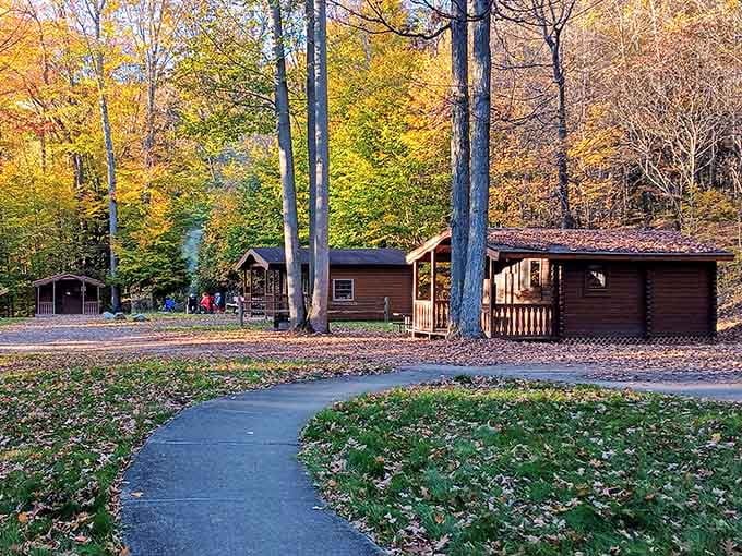These cozy cabins tucked under a canopy of fall color make "roughing it" sound like a very generous description.