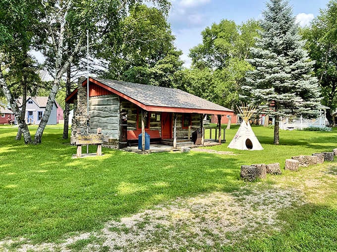 A log cabin, a tipi, and a patch of green grass. This corner tells a layered, important story.
