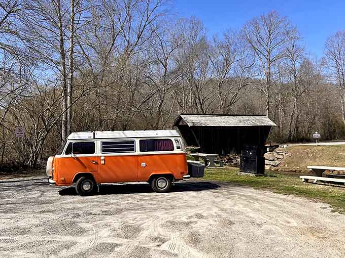That vintage orange VW bus parked out front is either a coincidence or the most perfectly curated photo prop in Georgia.