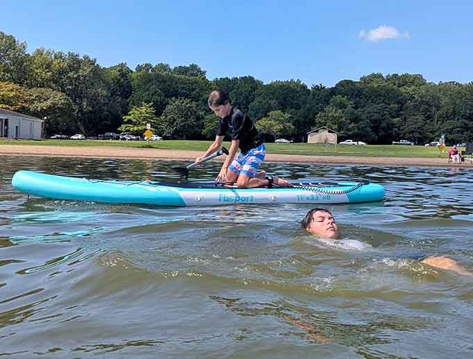 Paddleboarding on Acton Lake, where the only dress code is sunscreen and a willingness to possibly get very wet.