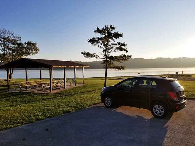 Sunrise over Acton Lake with a picnic pavilion nearby &mdash; mornings don't get much better than this.