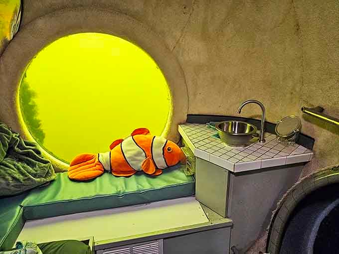 Even the sink area gets natural lighting from the underwater world, making morning routines surprisingly scenic.