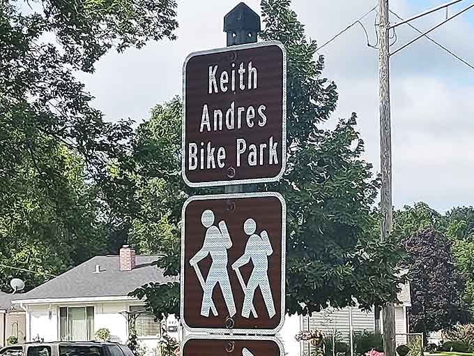 The official sign that started a thousand day trips. Keith Andres Bike Park deserves its own highway billboard.