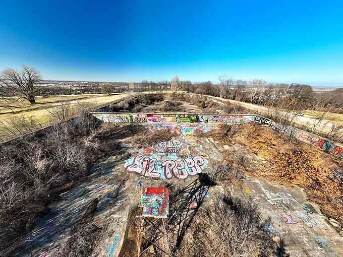 The bird's-eye view reveals the full scope of this forgotten reservoir turned accidental art park.