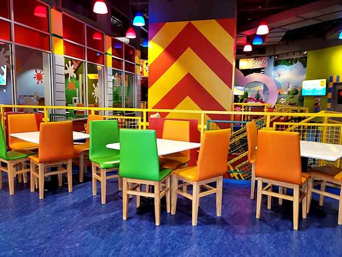 Bright, cheerful dining area where refueling happens between building sessions and creative LEGO construction adventures throughout.