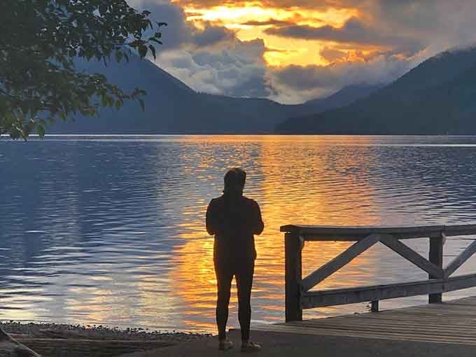 Sunsets at Lake Crescent turn the water into liquid gold. Standing here quietly is the only reasonable response.