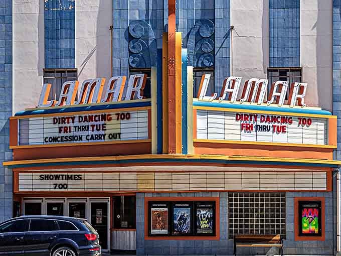 The LaMar Theatre's glowing marquee at full glory. Hollywood never looked this good on the plains.