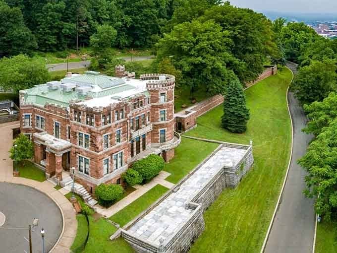 From above, Lambert Castle and its sweeping grounds look like something a very ambitious New Jerseyan dreamed up. Correctly.